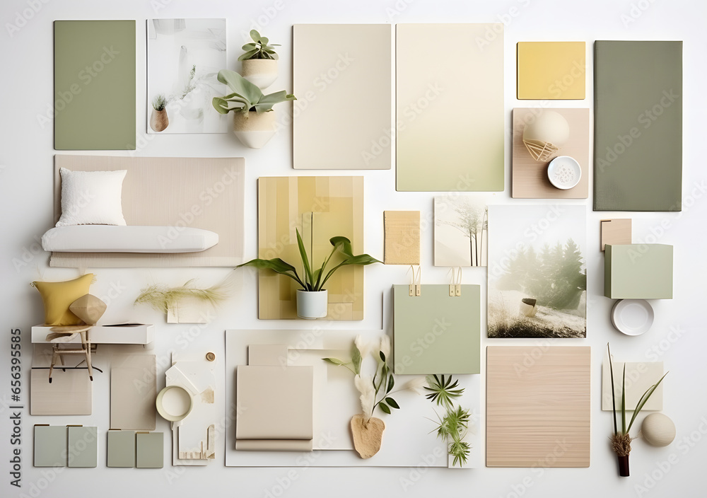 Interior design. Simple mood board inspiration design in pastel colors ...