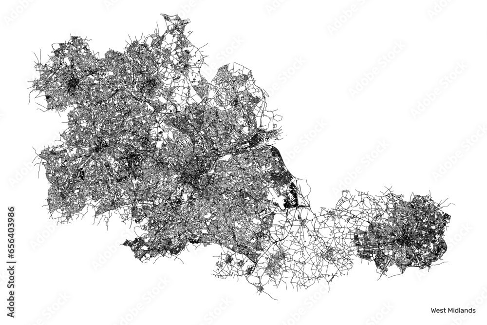West Midlands city map with roads and streets, United Kingdom. Vector ...