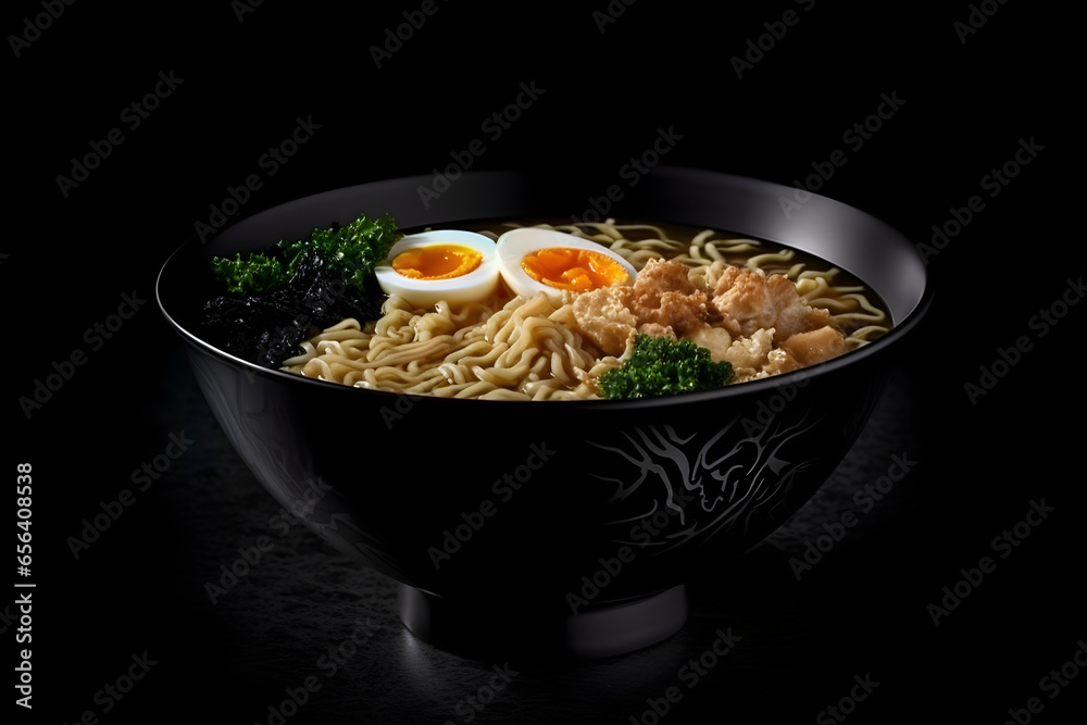 Japanese ramen noodle with pork and egg isolated on black background ...