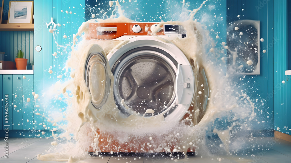 Washing machine drum with clean water flow and splashes. Laundry ...