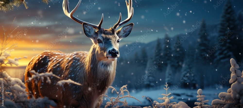 Festive snowy scene featuring snow-covered hills, a mountainous village ...