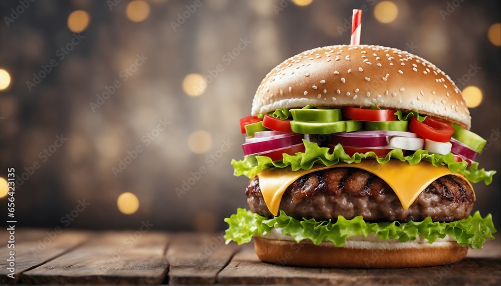 Burger meal concept. Cheeseburger on a wooden surface with golden bokeh ...
