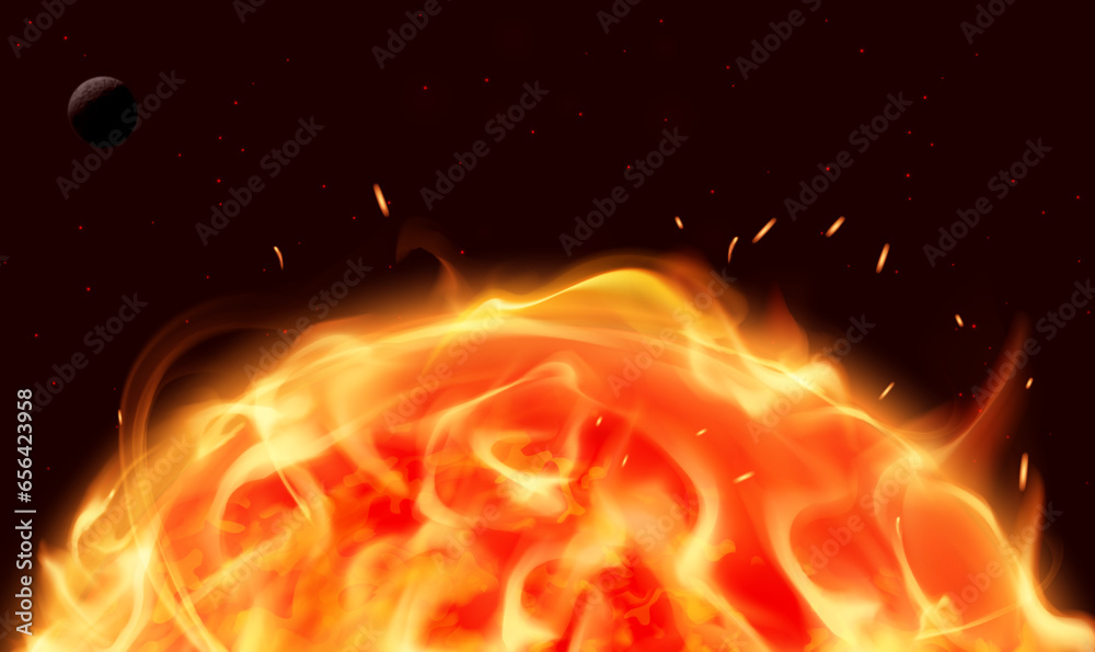 Sun surface with solar flares, with splashes of prominences, Burning of ...