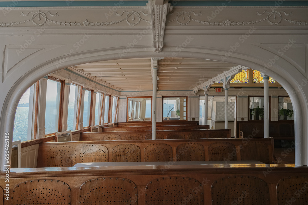 Classic historic interiors of old ferry boat ship liner with wooden ...