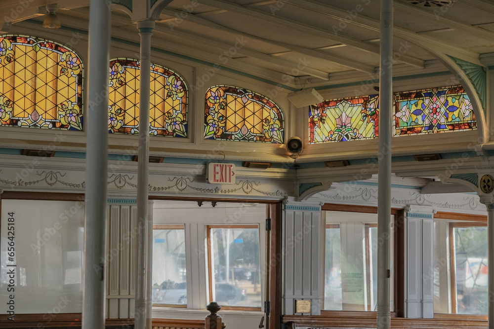 Classic historic interiors of old ferry boat ship liner with wooden ...