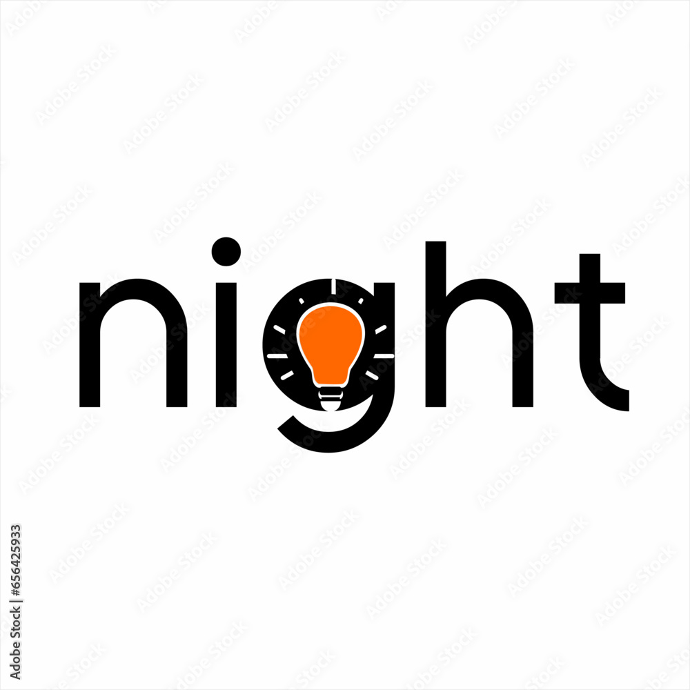 The design of the word night with an illustration of a light bulb on ...