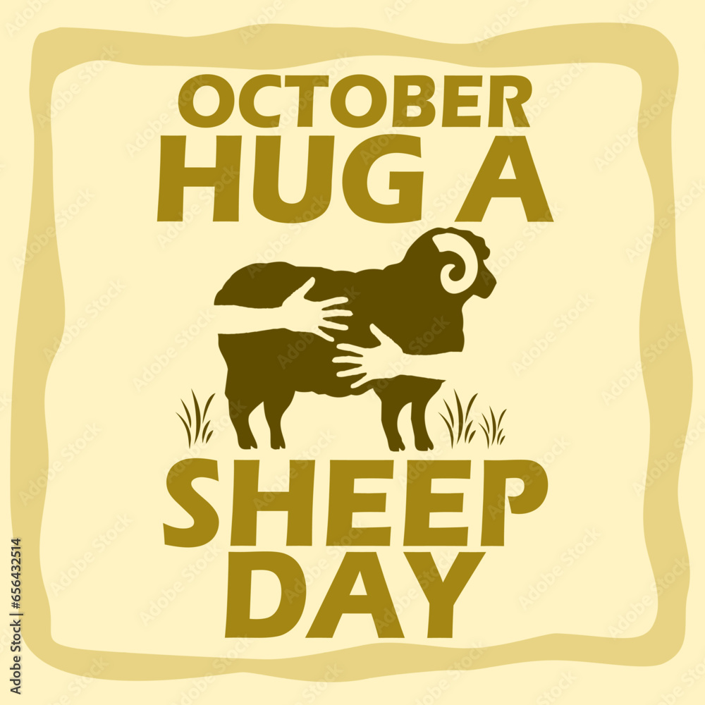 A sheep being hugged by a pair of hands, with bold text in a frame on a ...