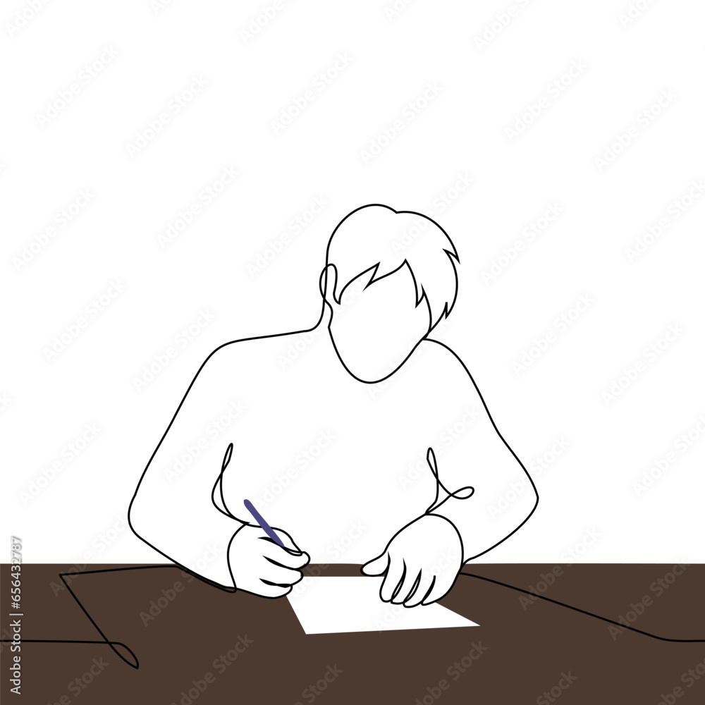 man sits at the table and writes with a pen on a sheet of paper - one ...