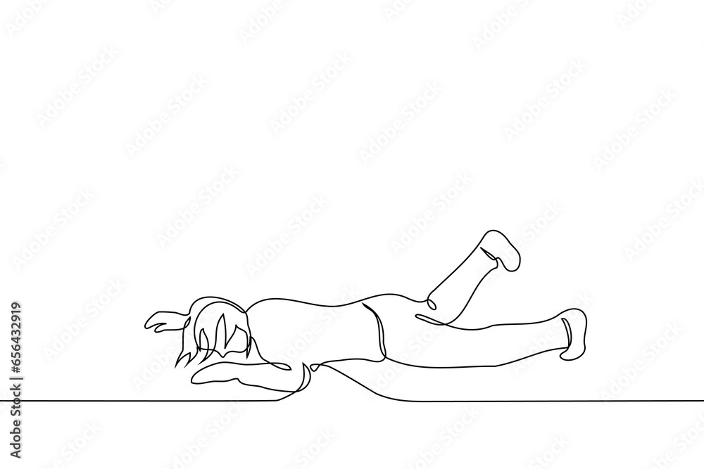 woman fell to the ground or floor with her stomach down - one line art ...