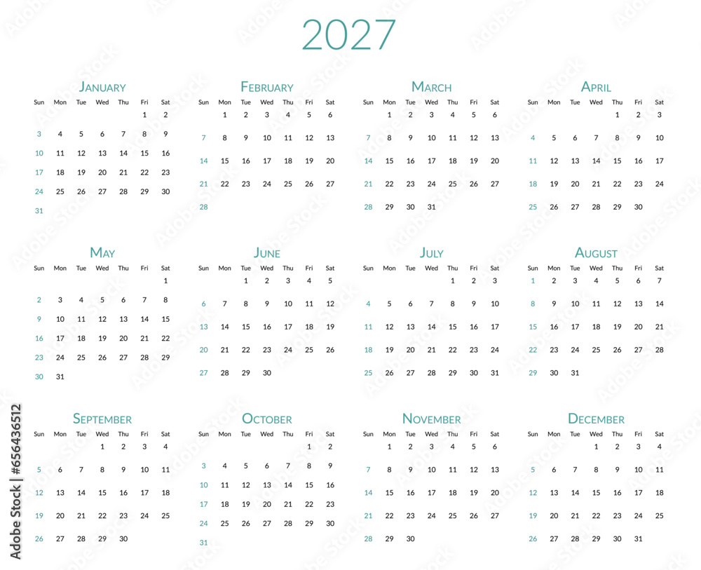 2027 year calendar. The week starts on Sunday. Desk planner template ...