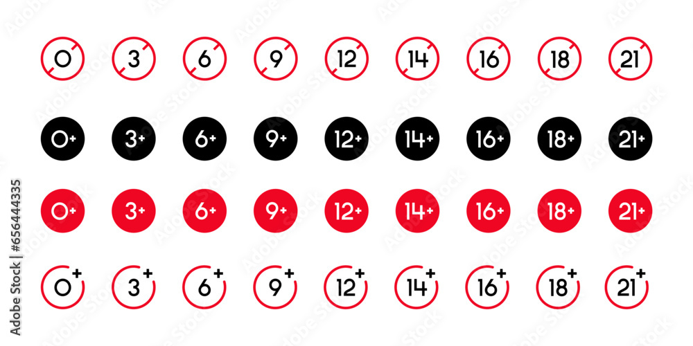 Warnings under age, red and black white badges. Adult content age only ...