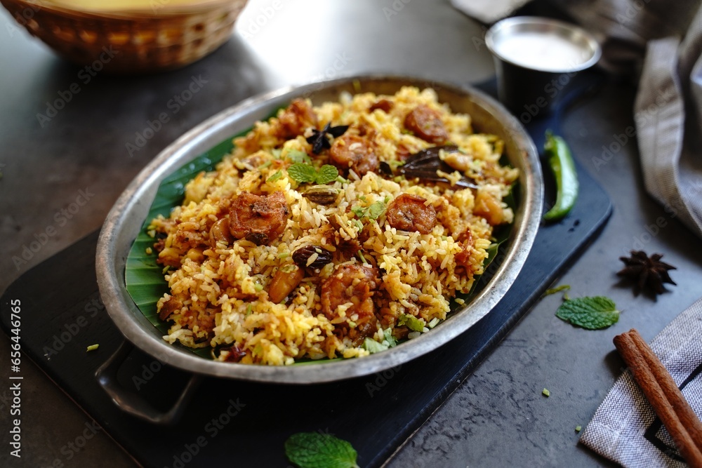 Shrimp Biryani | Malabar Chemmeen biryani served with yogurt raita ...