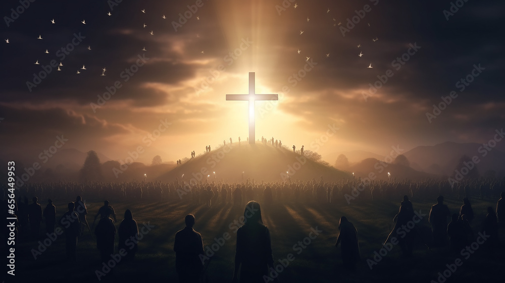 glowing cross crowd of people silhouettes. faith hope religion. Stock ...