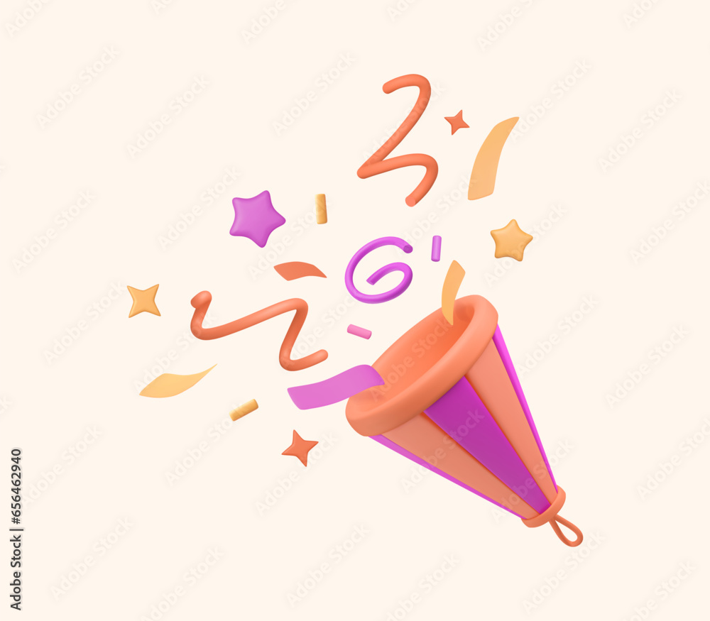 3D party popper with confetti, stars, squiggles render, paper tapes ...