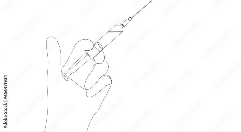 Hand holding syringe with needle continuous one line drawing ...