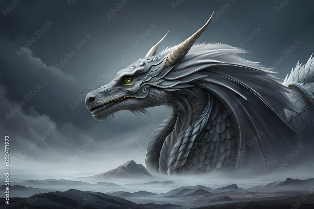 the dragon in the dark, mighty dragon on the grey background, mighty ...