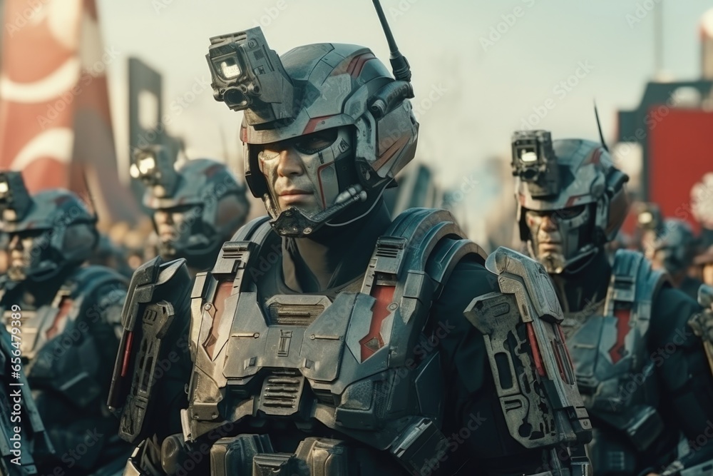 A group of men dressed in armor standing next to each other. This image ...