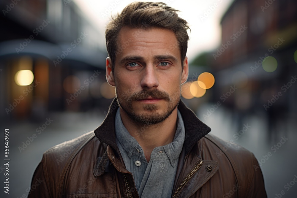A picture of a man with a beard wearing a leather jacket. This image ...