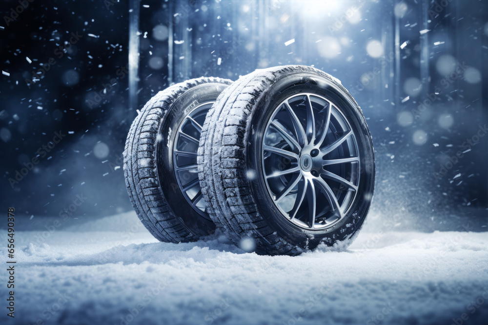 Wheels with winter tires ready for winter with snow and all difficult ...