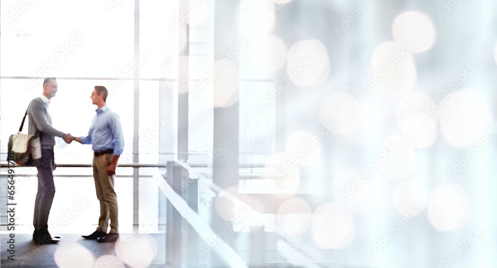 Business people, travel handshake and partnership, welcome or ...