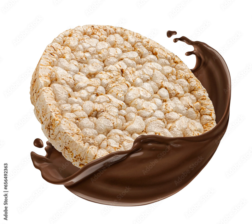 Puffed rice cake falling into chocolate splash isolated on white ...