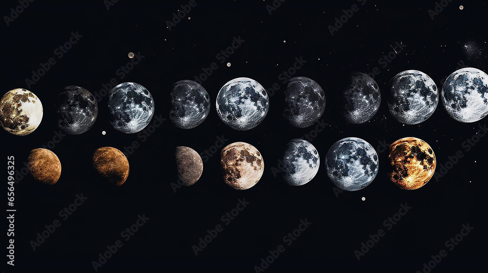 Surreal background of astronomy and many moon phases and a full stars ...