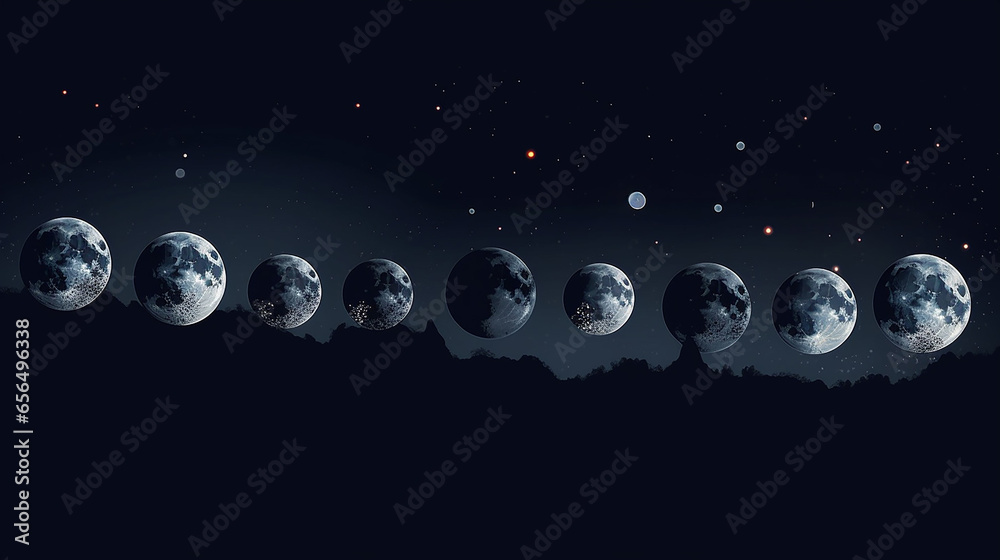 Surreal background of astronomy and many moon phases and a full stars ...