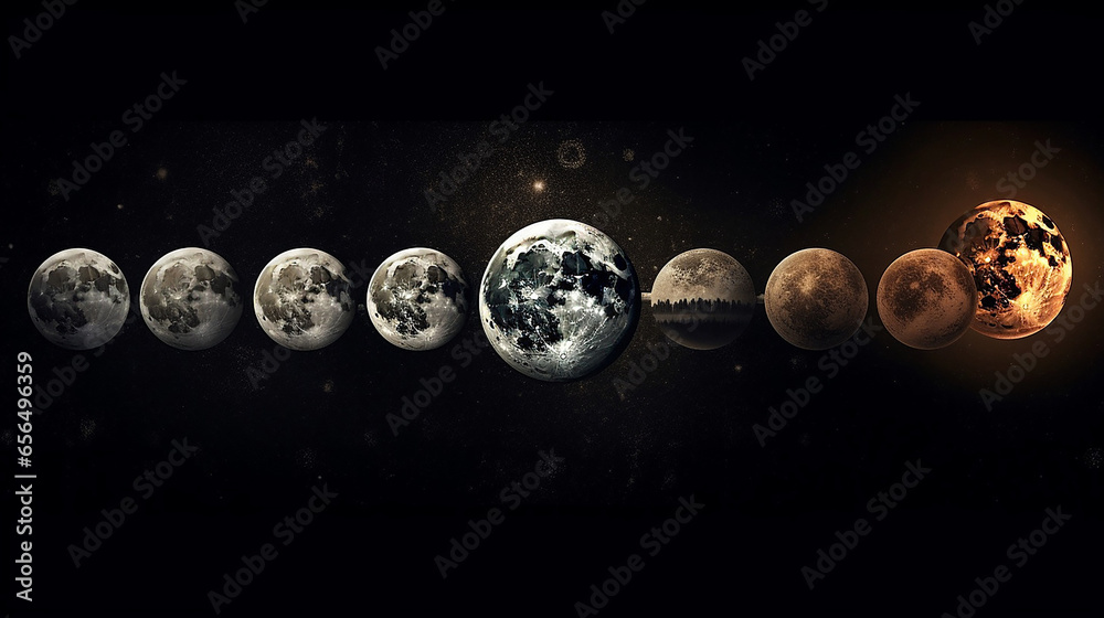 Surreal background of astronomy and many moon phases and a full stars ...