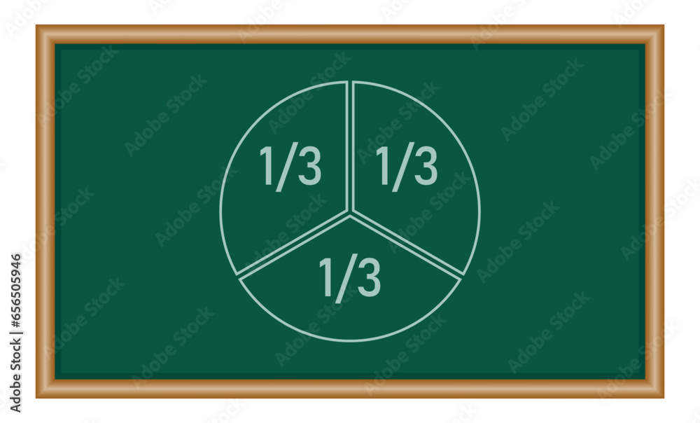 Circle divided into three equal segments. One third fraction circle ...