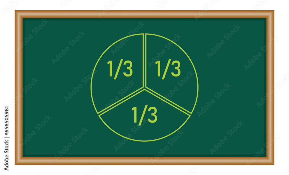 Circle divided into three equal segments. One third fraction circle ...