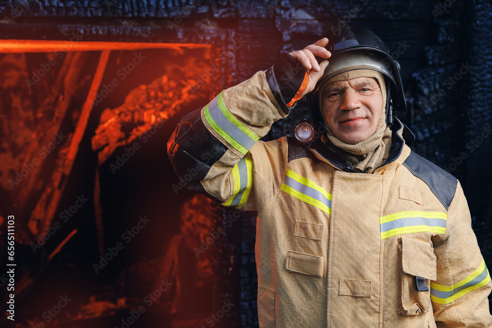 Happy officer fireman in uniform with helmet near wooden house after ...