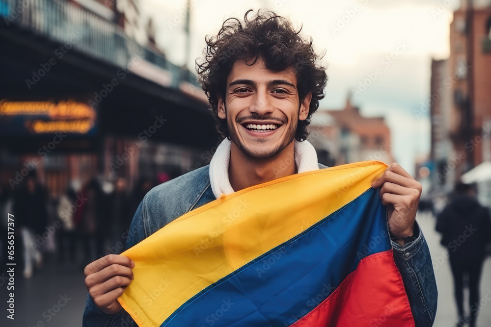 young 25 year old Colombian man with his flag on the street Stock Photo ...
