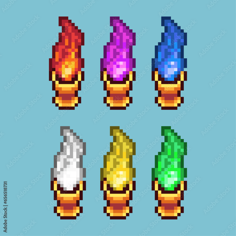 Pixel art sets of fire cup with variation color item asset. Simple bits ...