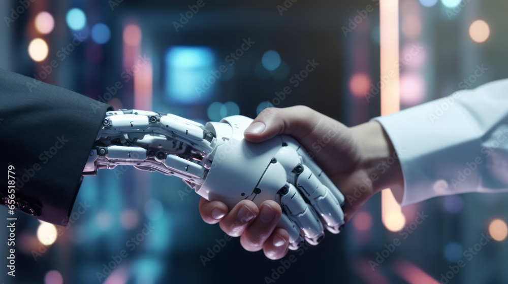 Handshake between human and robot in a research lab, working together ...