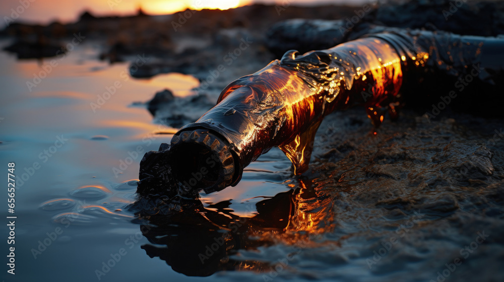 This close-up image captures an oil pipe's opening as it spills oil ...