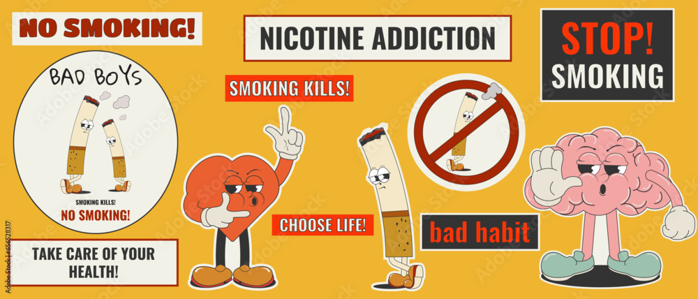 Sticker set No smoking:cigarettes,red forbidding sign,heart,brain with ...