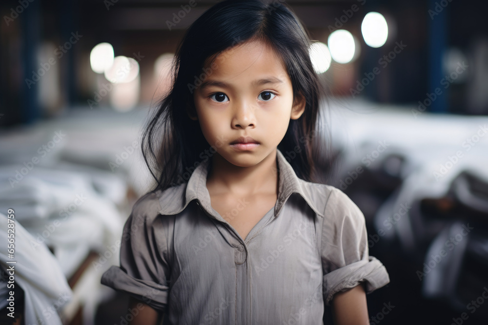 Small Asian girl's portrait with blurred textile factory background ...