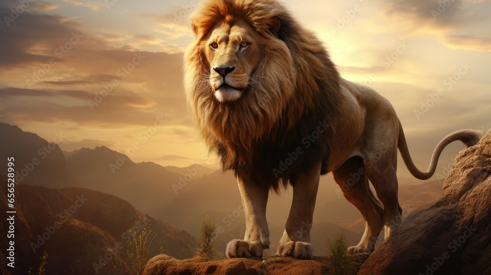 powerful image of a majestic lion, standing on a savannah hill, the ...