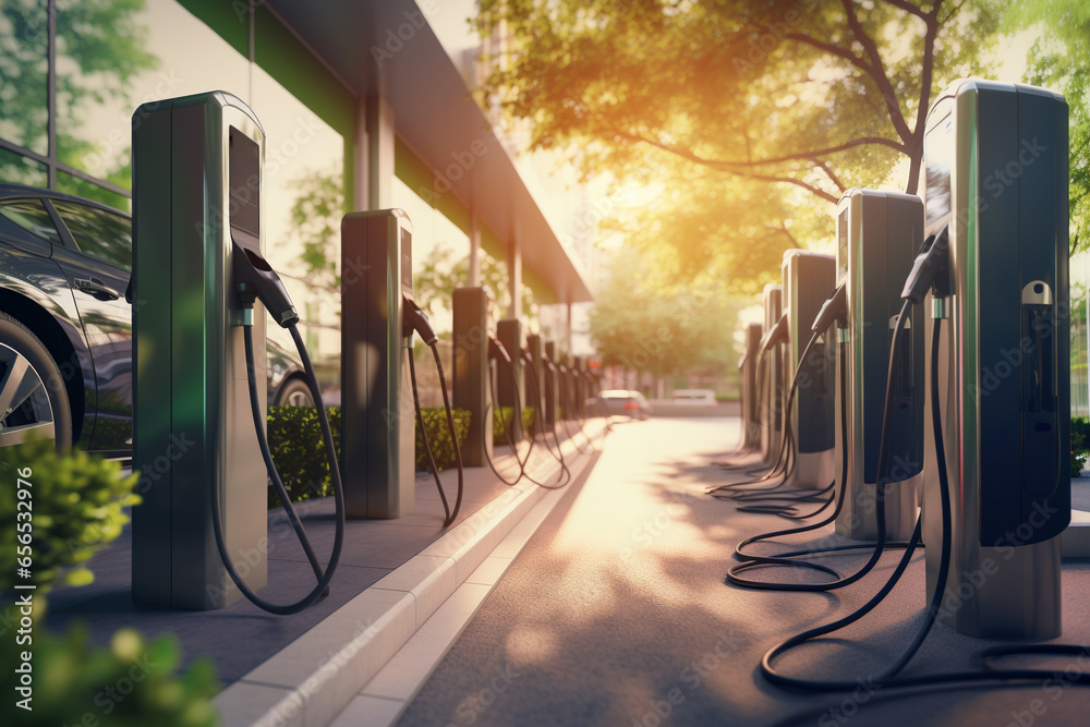 Row of charging station for EV electronic car set up on the parking lot ...