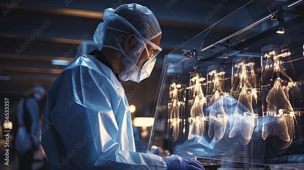 A focused scientist in a white lab coat diligently operates a computer ...