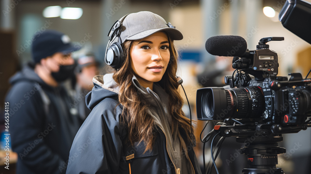 Professional cameraman with headphones with HD camcorder in live ...