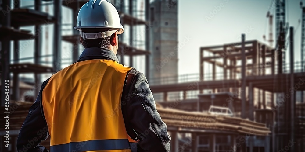 Construction vision. Engineer with blueprint on site. Building future ...