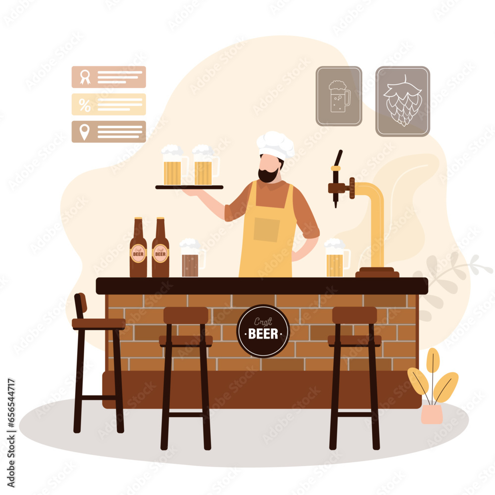 Brewery owner holds craft beer. Bar restaurant with counter. Interior ...