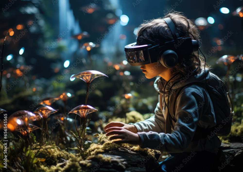 Generative AI, child, boy or girl in virtual reality glasses in a ...