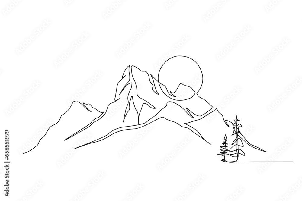 Continuous one line drawing of mountain landscape with sunrise. High ...