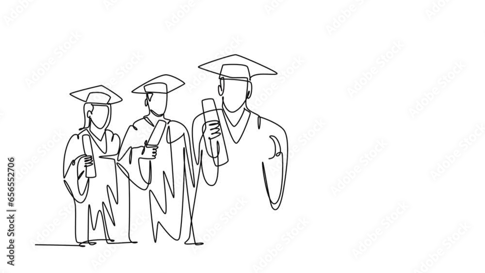 Self drawing animation of single line draw group of happy graduate male ...