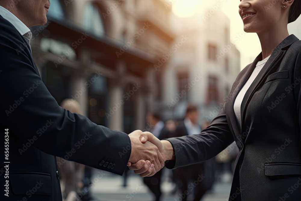 hombre y mujer de negocios saludándose con un apretón de manos en la ...
