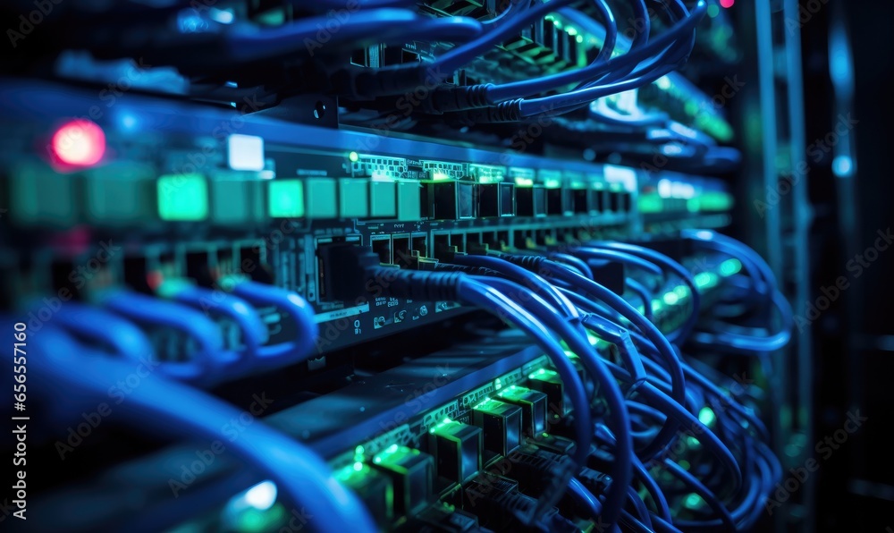 Server room with switch, internet cables and wires. Fiber optic ...