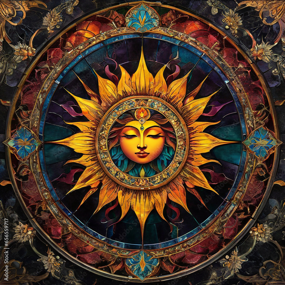 a sun with a face in a circle, as the goddess of the sun Stock ...