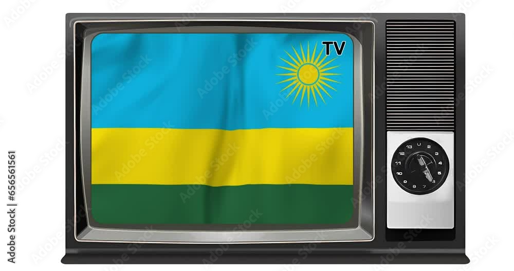 Waving flag of Rwanda on the screen of an old TV set, isolated in white ...